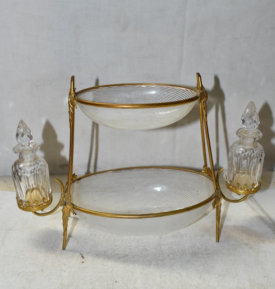 Antique Vanity Dore Glass Perfume Bottle Set Jewerly Trinket Bowl Gold ...