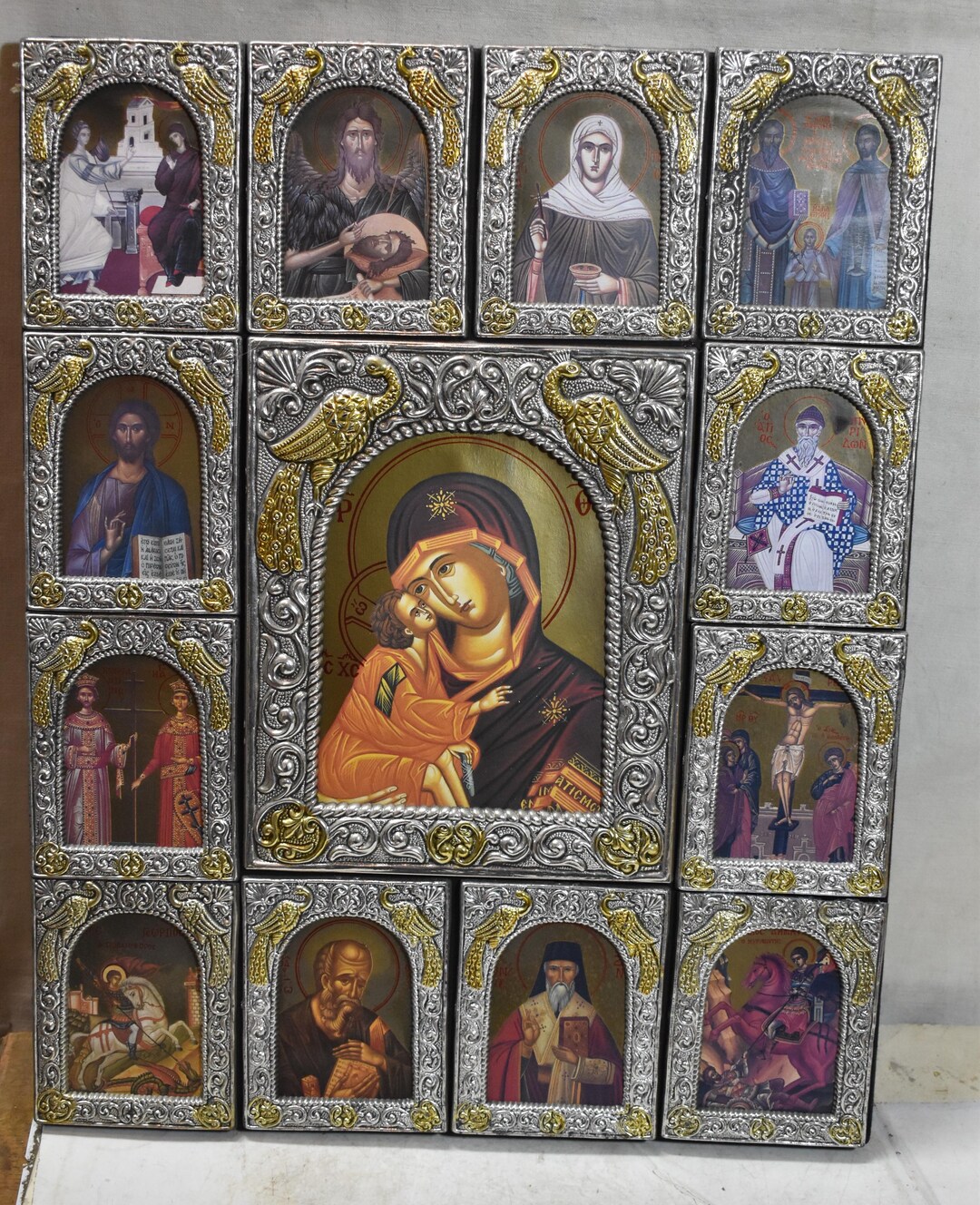Orthodox Panel Icon of Virgin Mary With Saints–12-part Silver & Gold ...