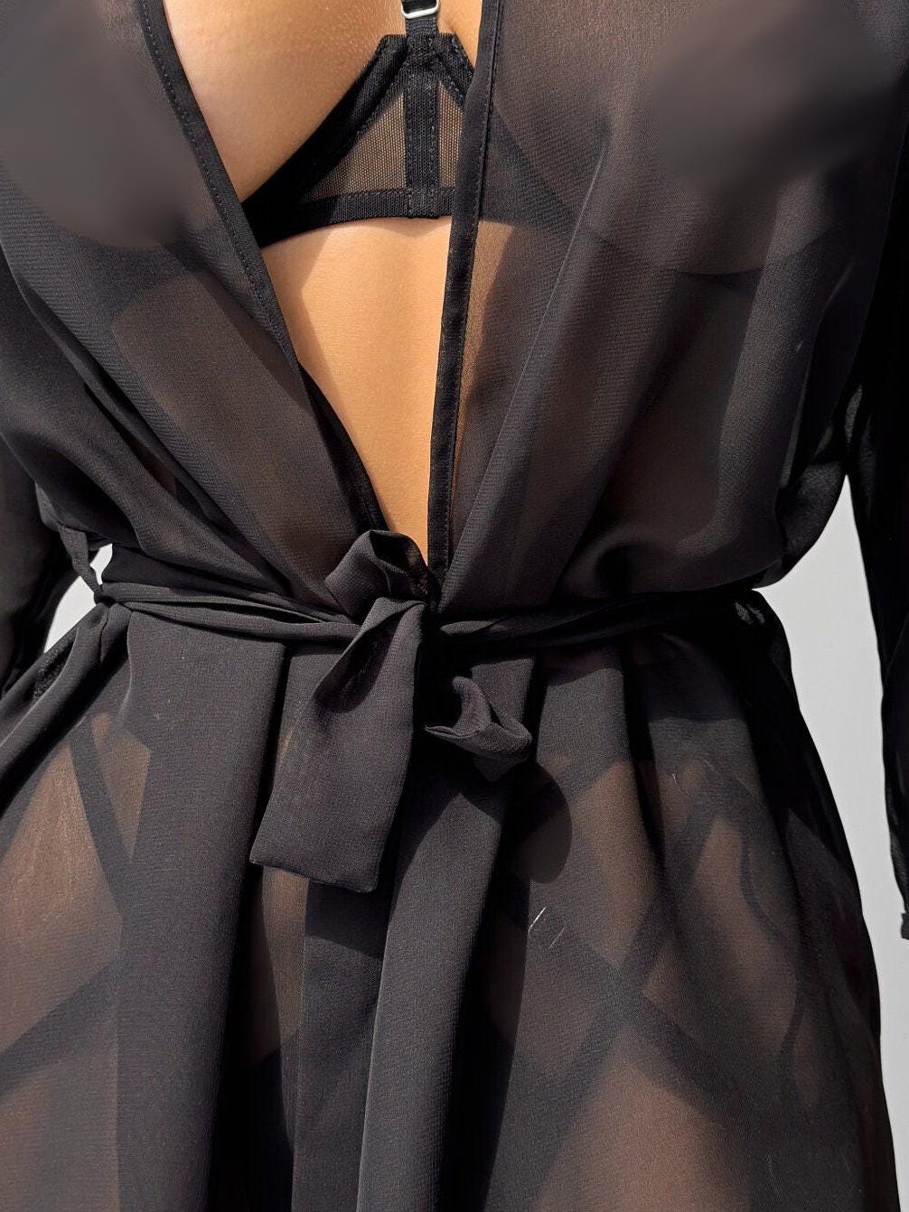 Black Robe Sheer See Through With a Belt Dressing Gown Black Chiffon - Etsy