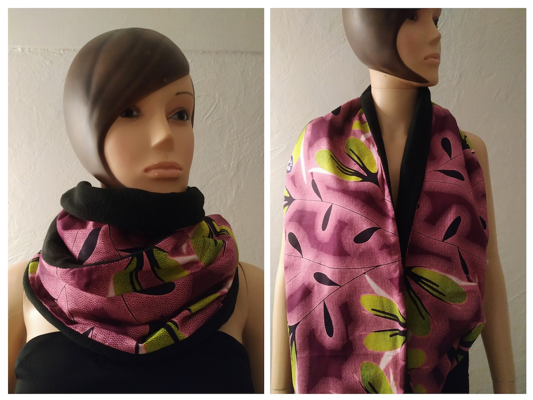 Reversible Double Wrap Snood in Black Fleece and Fushia Pink Floral Wax ...