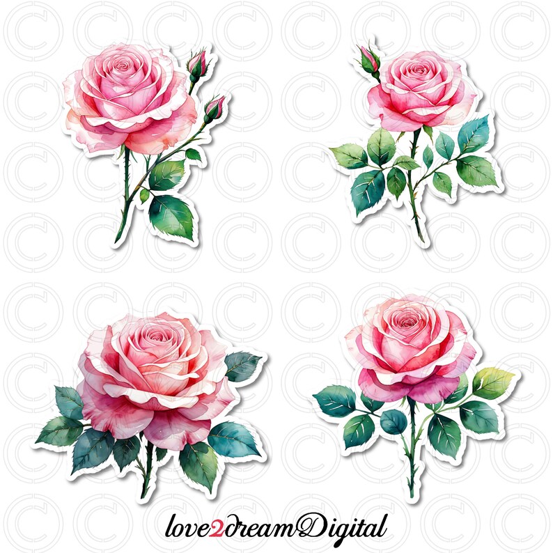 Watercolor Pink Rose Stickers – Floral PNG Clipart – Digital Flower Art ...