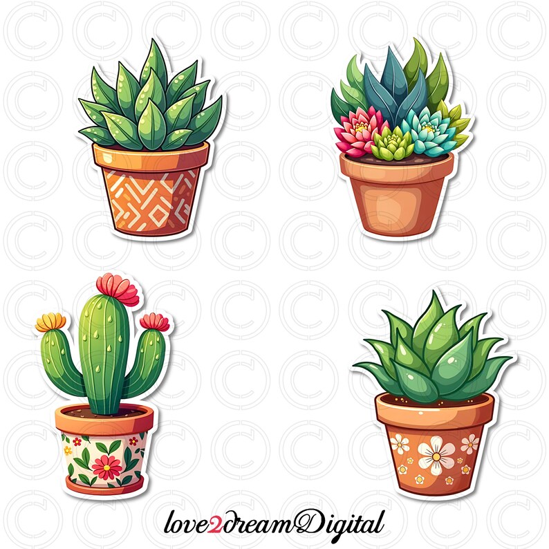Succulent and Cactus PNG Stickers – Cute Potted Plant Digital Stickers ...