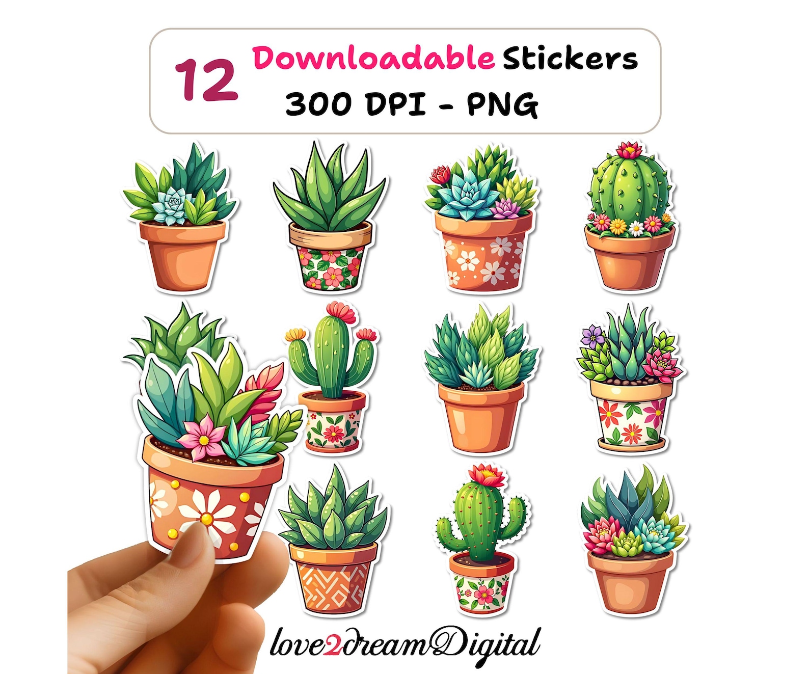 Succulent and Cactus PNG Stickers – Cute Potted Plant Digital Stickers ...