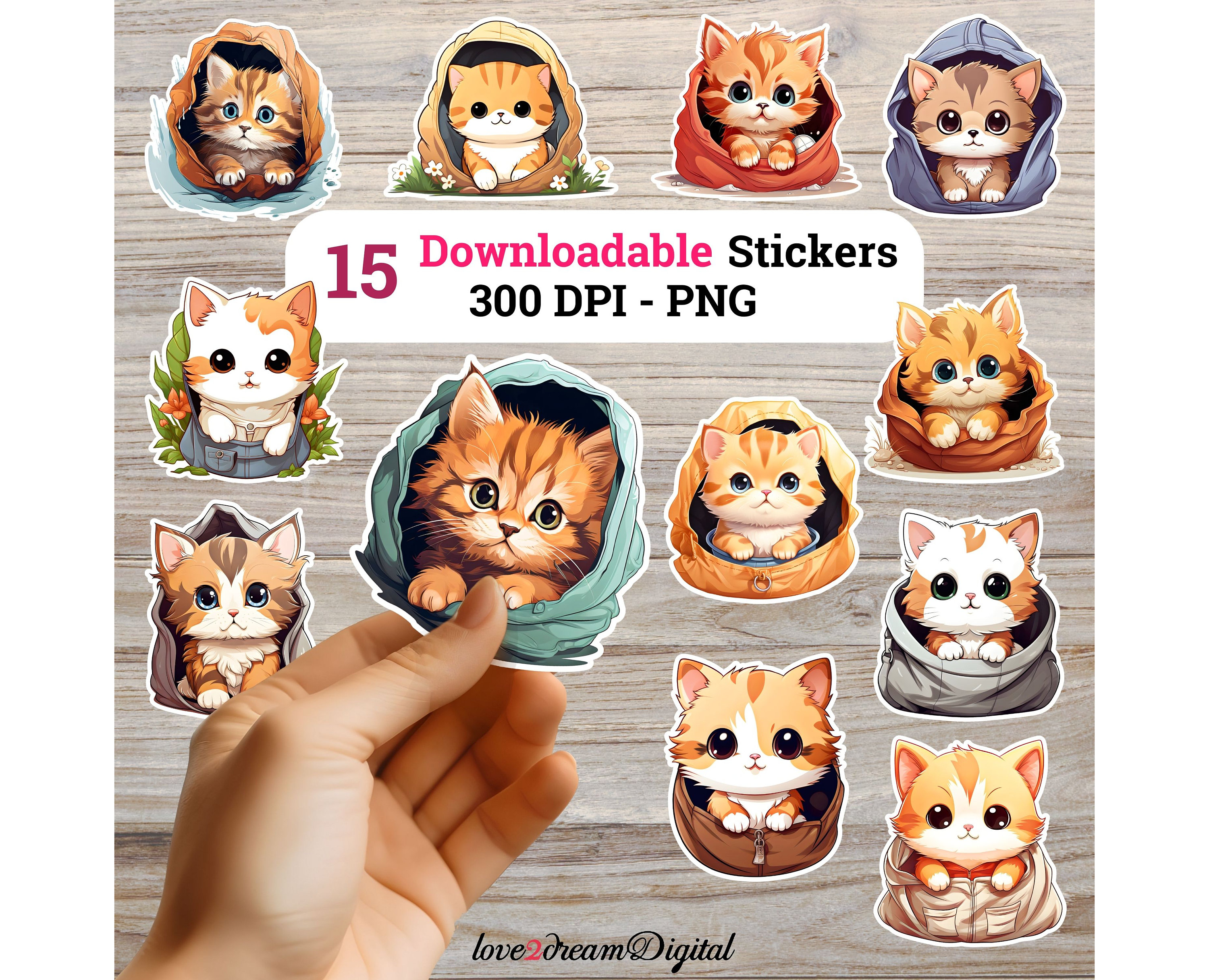 Cute Cat Stickers, 15 Instant Download Kitty Illustrations, Printable ...