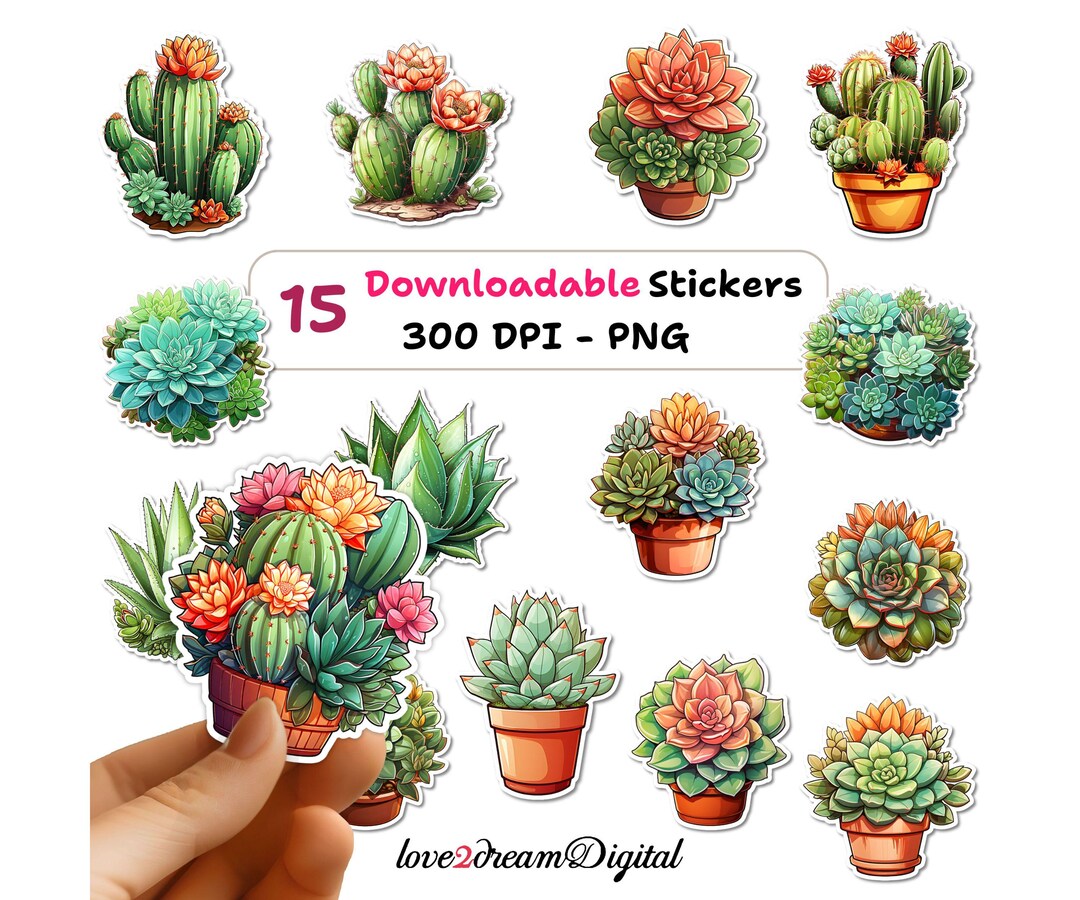 Succulent Printable Stickers, Botanical Planner Decorations (PNG ...