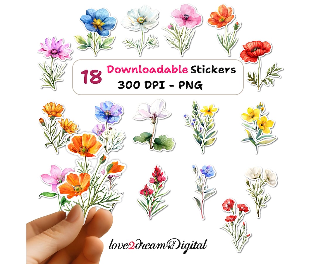 Wildflower Sticker Set - 18 PNG Floral Planner Stickers (digital ...