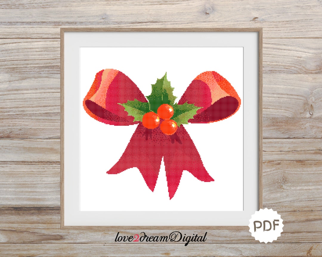 Christmas Ribbon Cross Stitch Pattern, Red Bow Instant Download, Holly ...