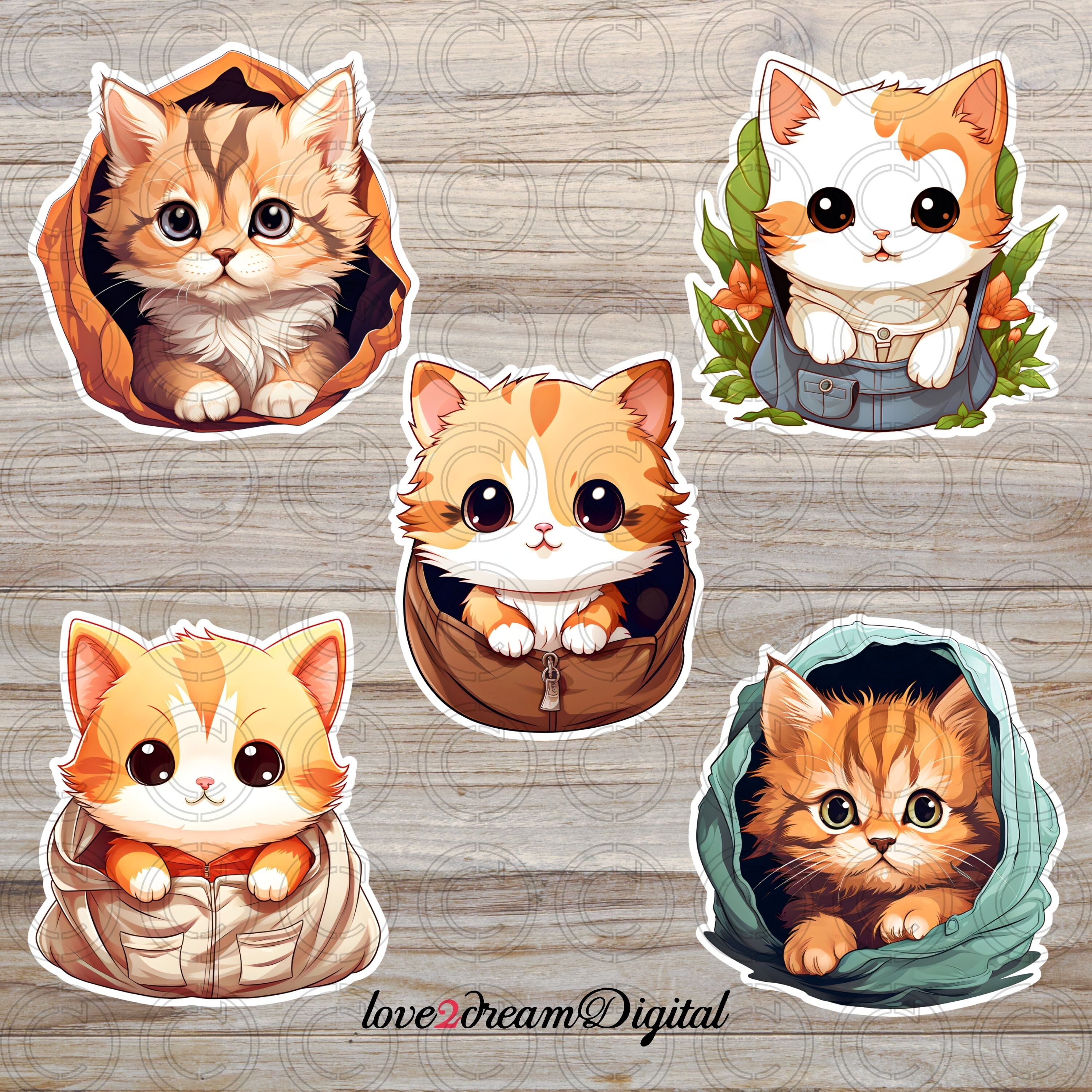 Cute Cat Stickers, 15 Instant Download Kitty Illustrations, Printable ...