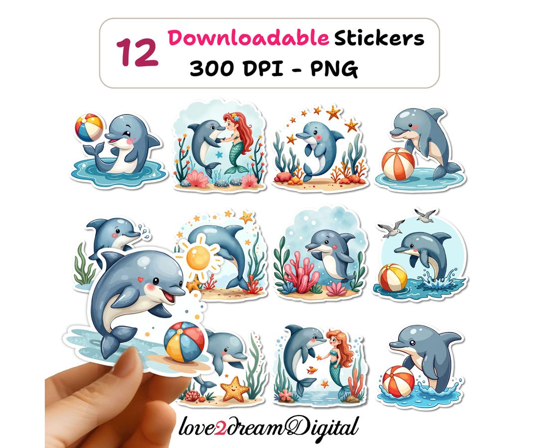 Dolphin PNG Stickers – Cute Sea Life Stickers - Kawaii Playful Dolphins ...