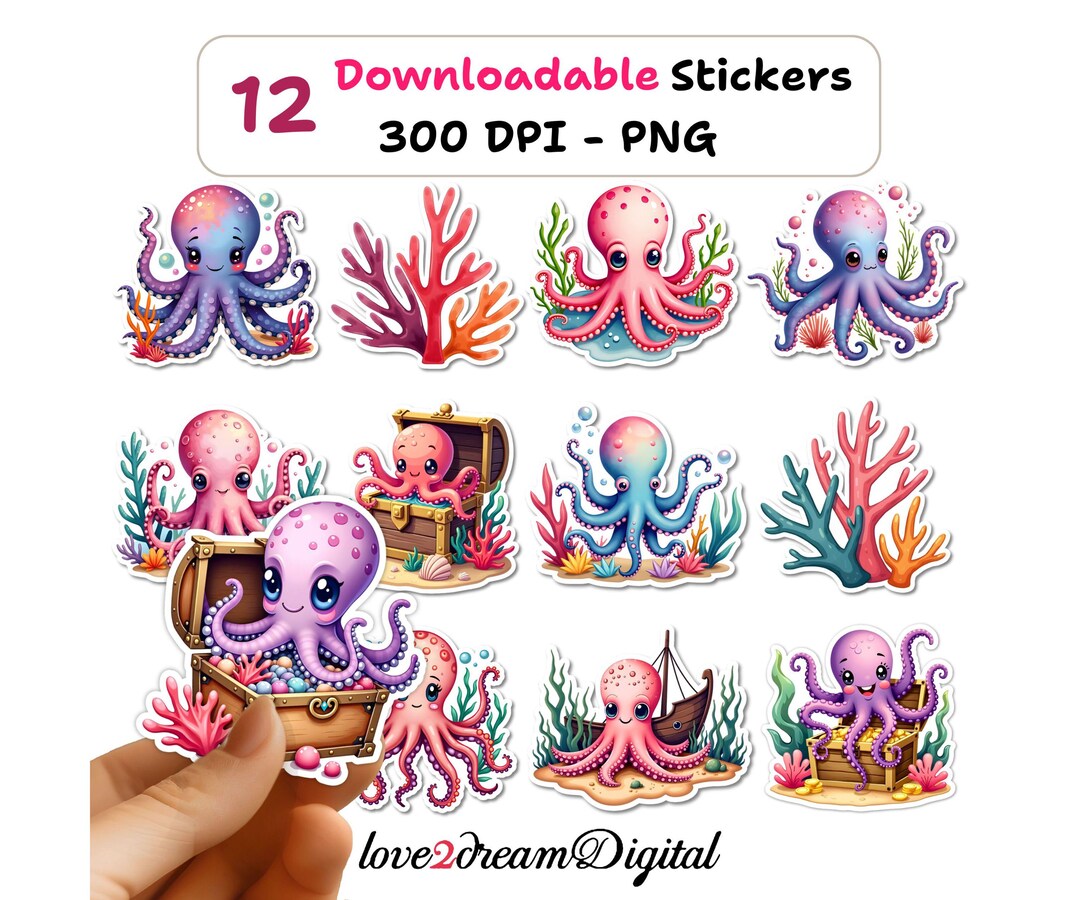 Octopus Stickers for Kids – Ocean Animal Decals – Cute Underwater Theme ...