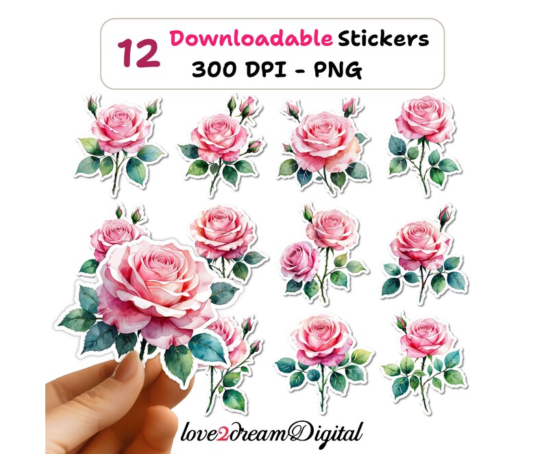 Watercolor Pink Rose Stickers – Floral PNG Clipart – Digital Flower Art ...