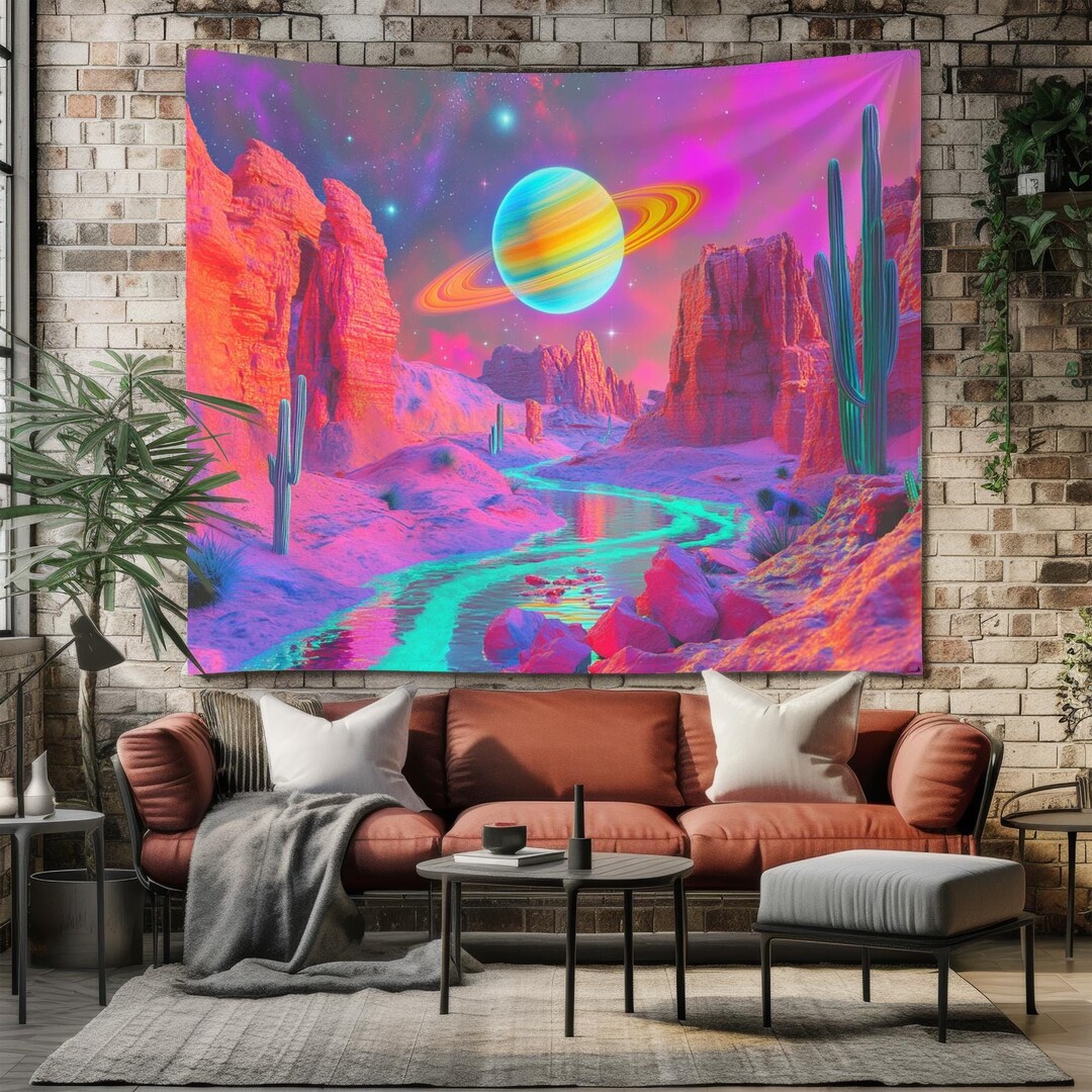 Surreal Saturn Desert Tapestry – Psychedelic Galaxy Wall Art, Colorful ...
