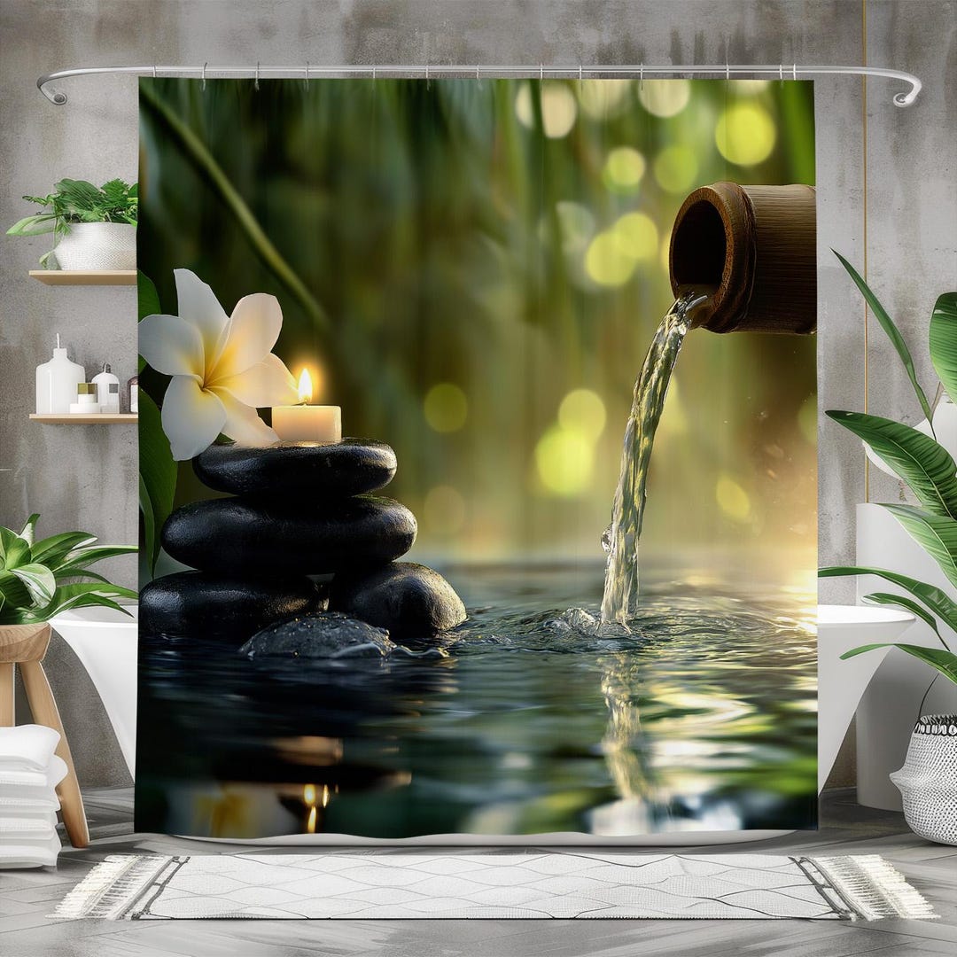Zen Waterfall and Candle Spa-themed Waterproof Fabric Shower Curtain ...