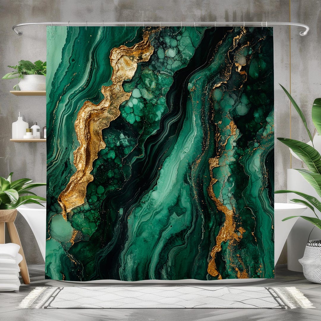 Emerald Green Marble Shower Curtain | Waterproof Fabric Bath Curtain ...