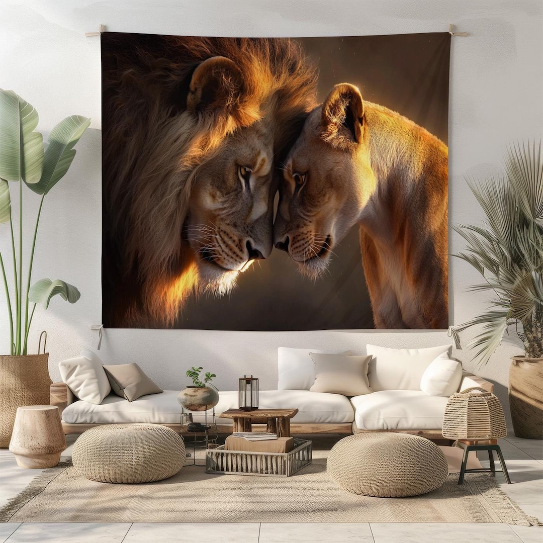 Lion and Lioness Wall Hanging Tapestry - Majestic Animal Love Art ...