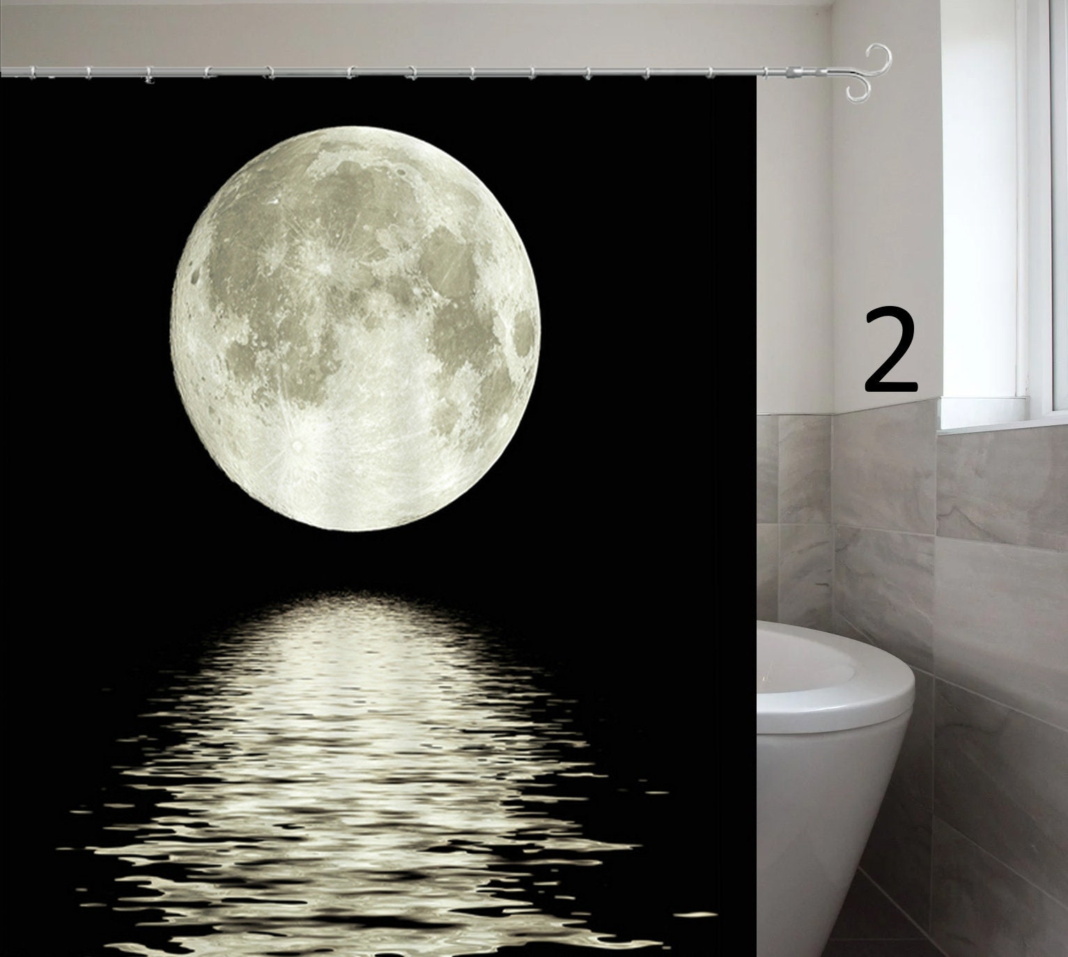 Full Moon Shower Curtain Moon Over Ocean Water Bath Decor Waterproof ...