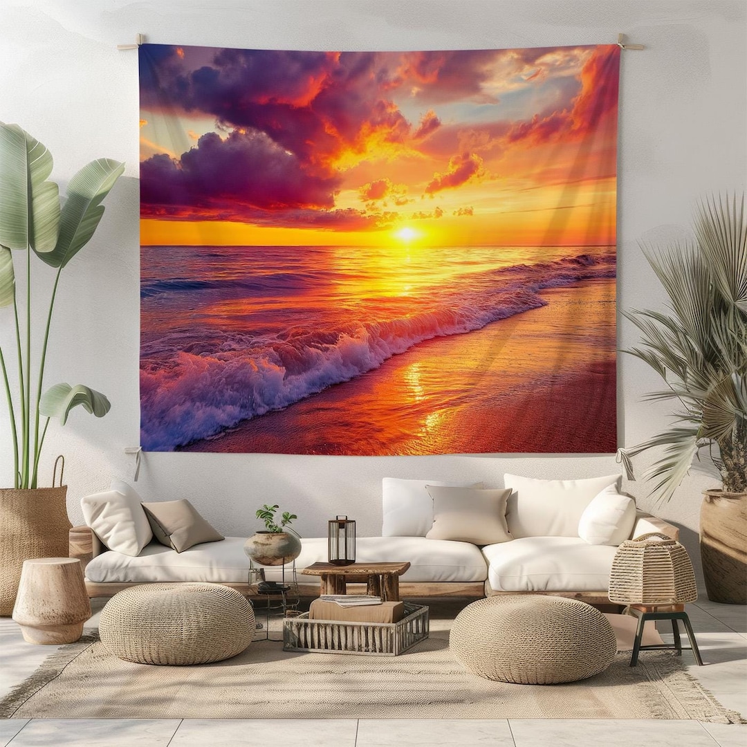 Golden Beach Sunset Tapestry, Vibrant Ocean Waves Wall Hanging Art ...