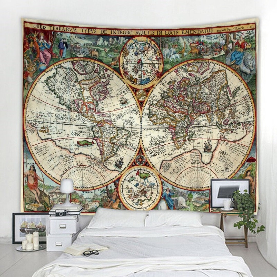 Old World Map Tapestry Animal World Map Wall Hanging Ancient - Etsy