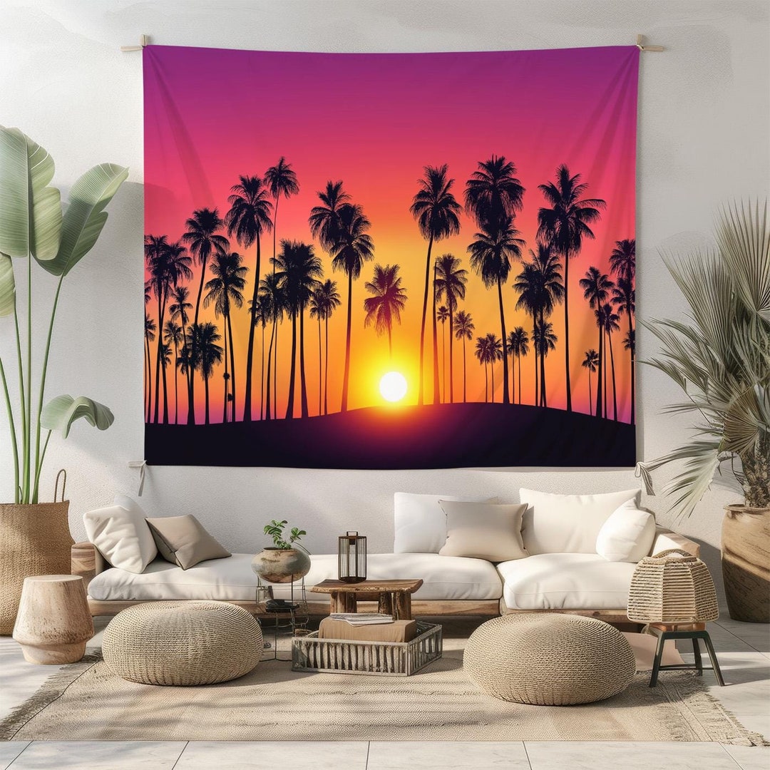 Tropical Sunset Palm Tree Tapestry, Vibrant Wall Hanging Art, Sunset ...