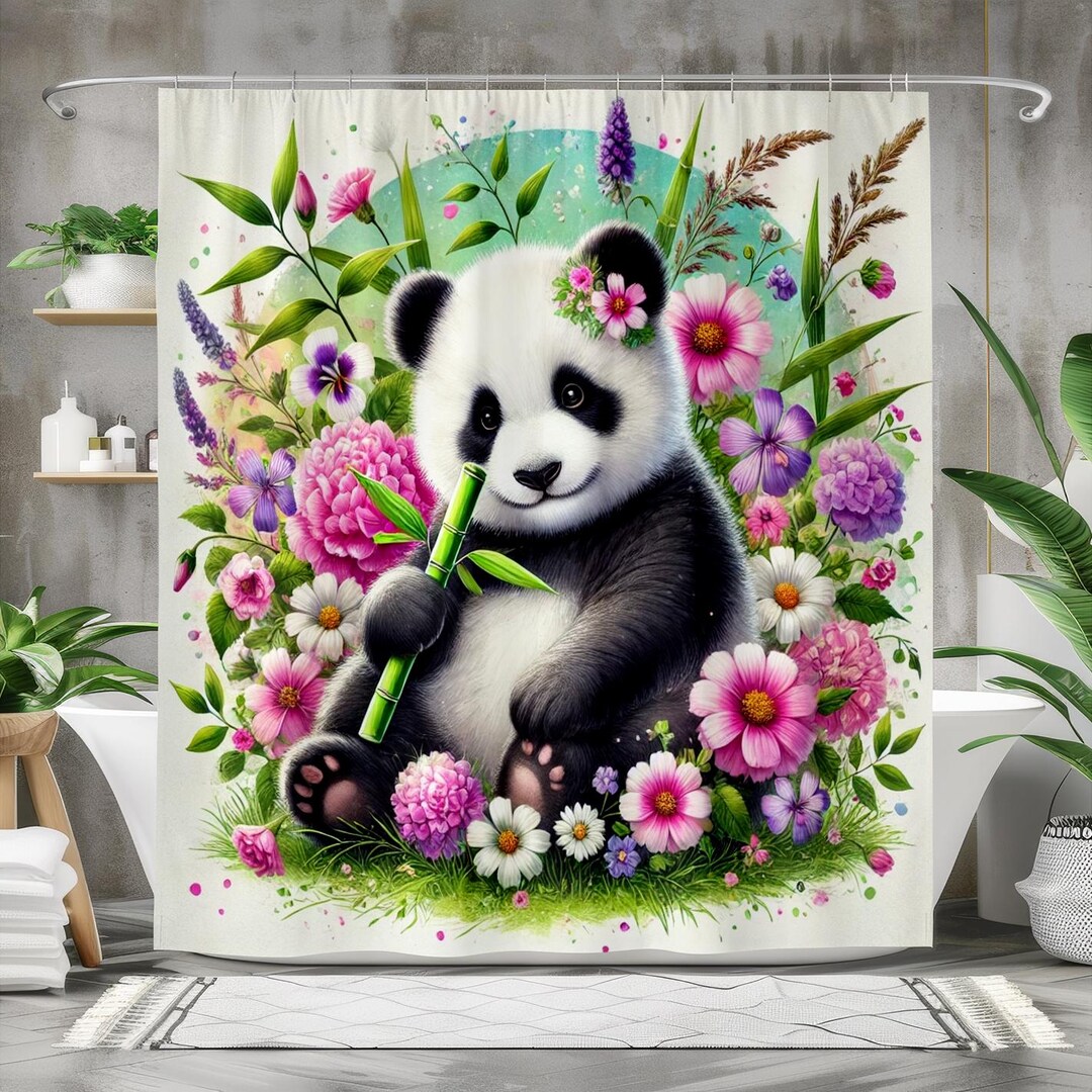 Cute Panda Shower Curtain With Floral Design Waterproof Fabric Bath ...