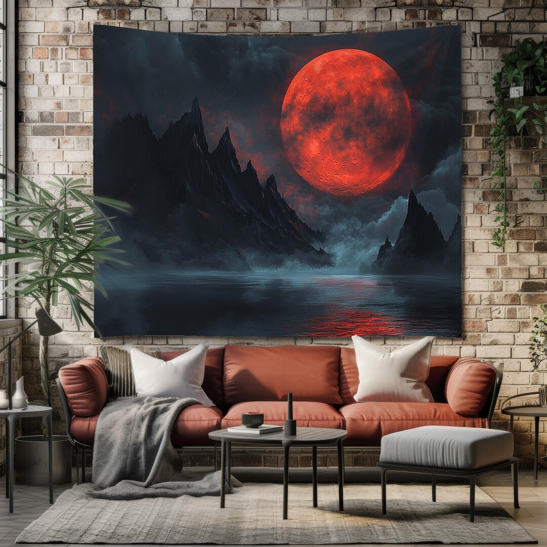 Blood Moon and Mountains Wall Hanging Tapestry, Dark Gothic Lunar ...