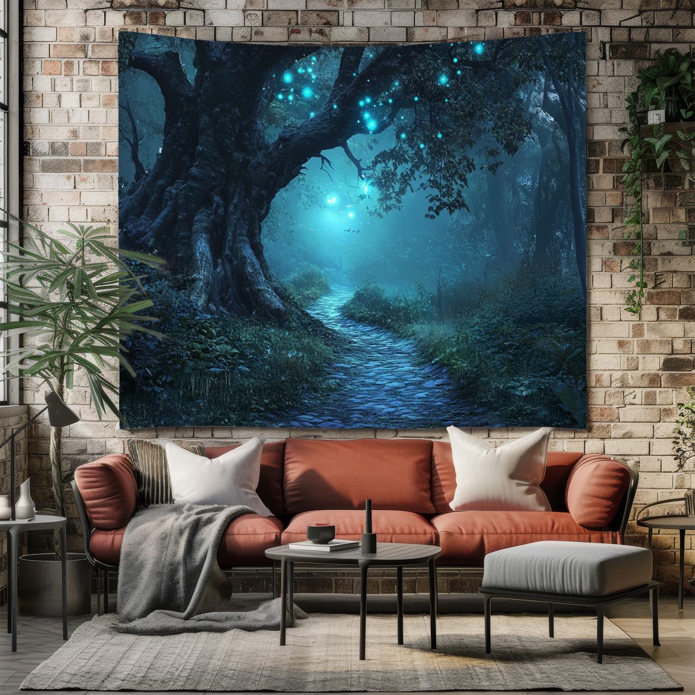 Magical Forest Pathway Tapestry, Enchanted Wall Hanging Art, Blue Night ...