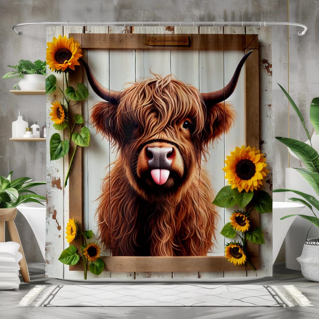 Cute Highland Cow Shower Curtain With Sunflowers - Waterproof Fabric ...