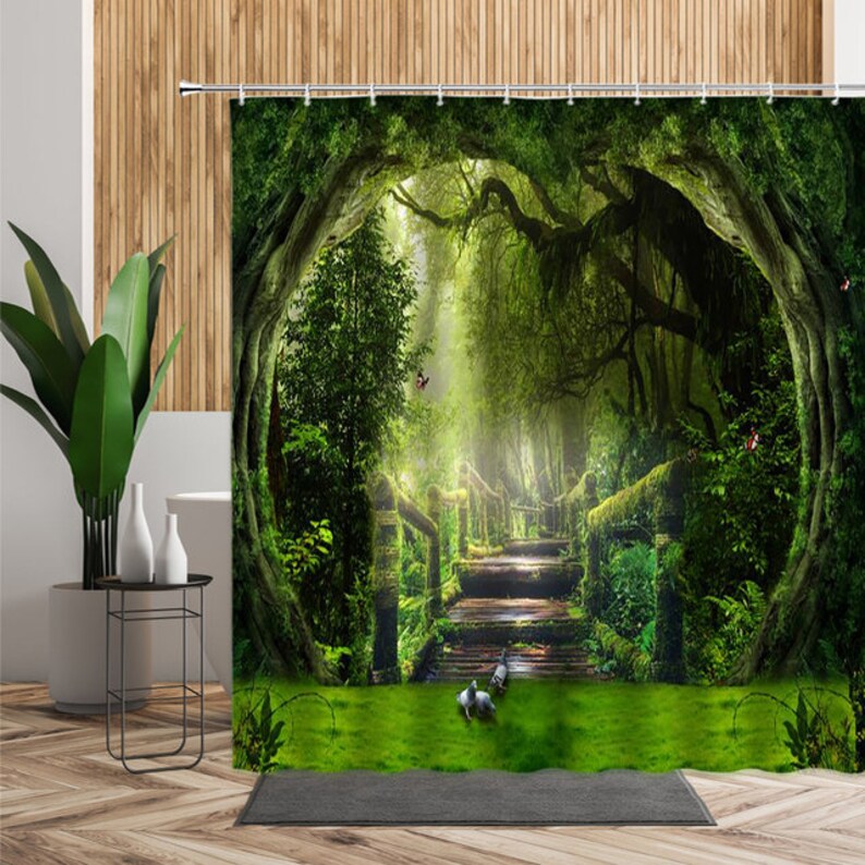Forest Shower Curtain Nature Trees Green Moss Bath Curtains Waterproof ...