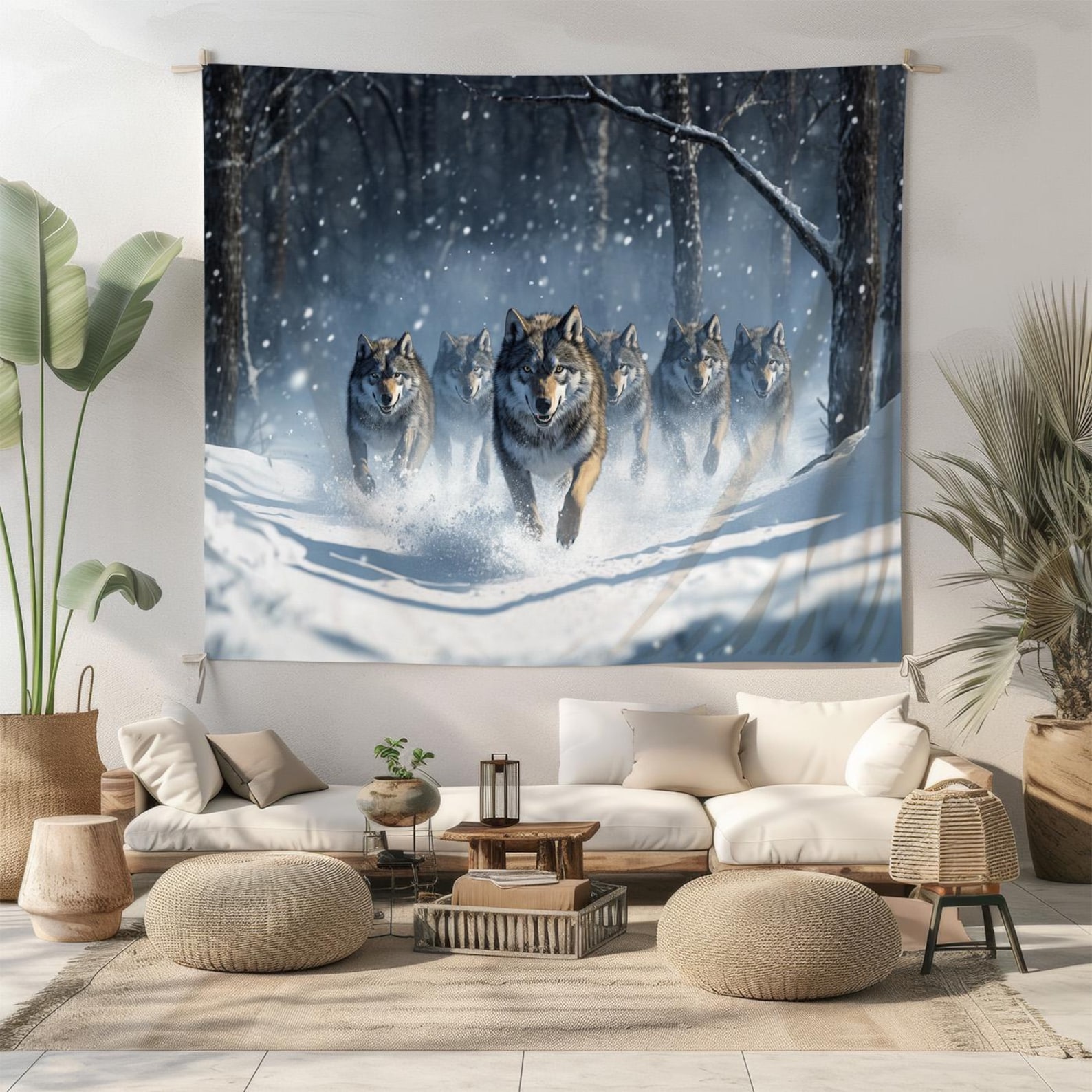 Wolf Pack Tapestry, Running Wolves in Snow Wall Hanging Art, Winter ...