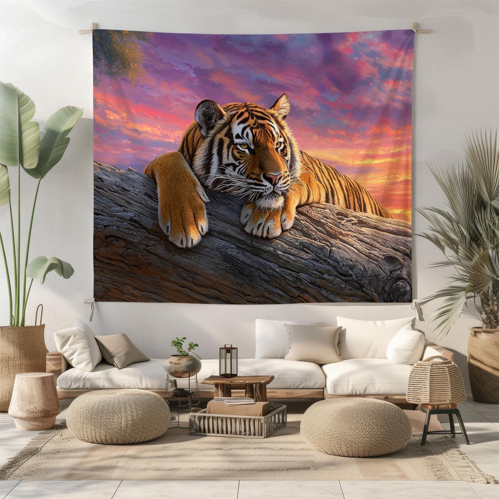 Majestic Tiger Tapestry, Sunset Jungle Wall Hanging Art, Vibrant ...