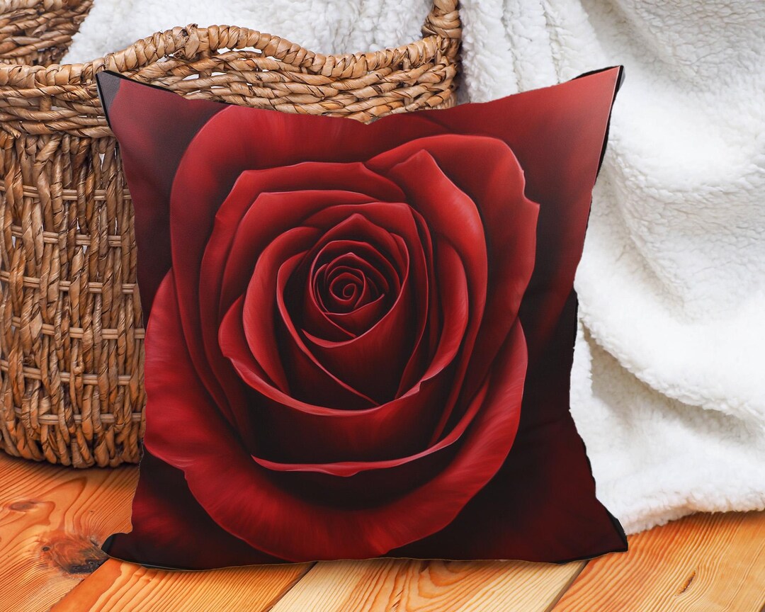 Romantic Red Rose Pillow Cover With Bold Full Bloom Design, Elegant ...