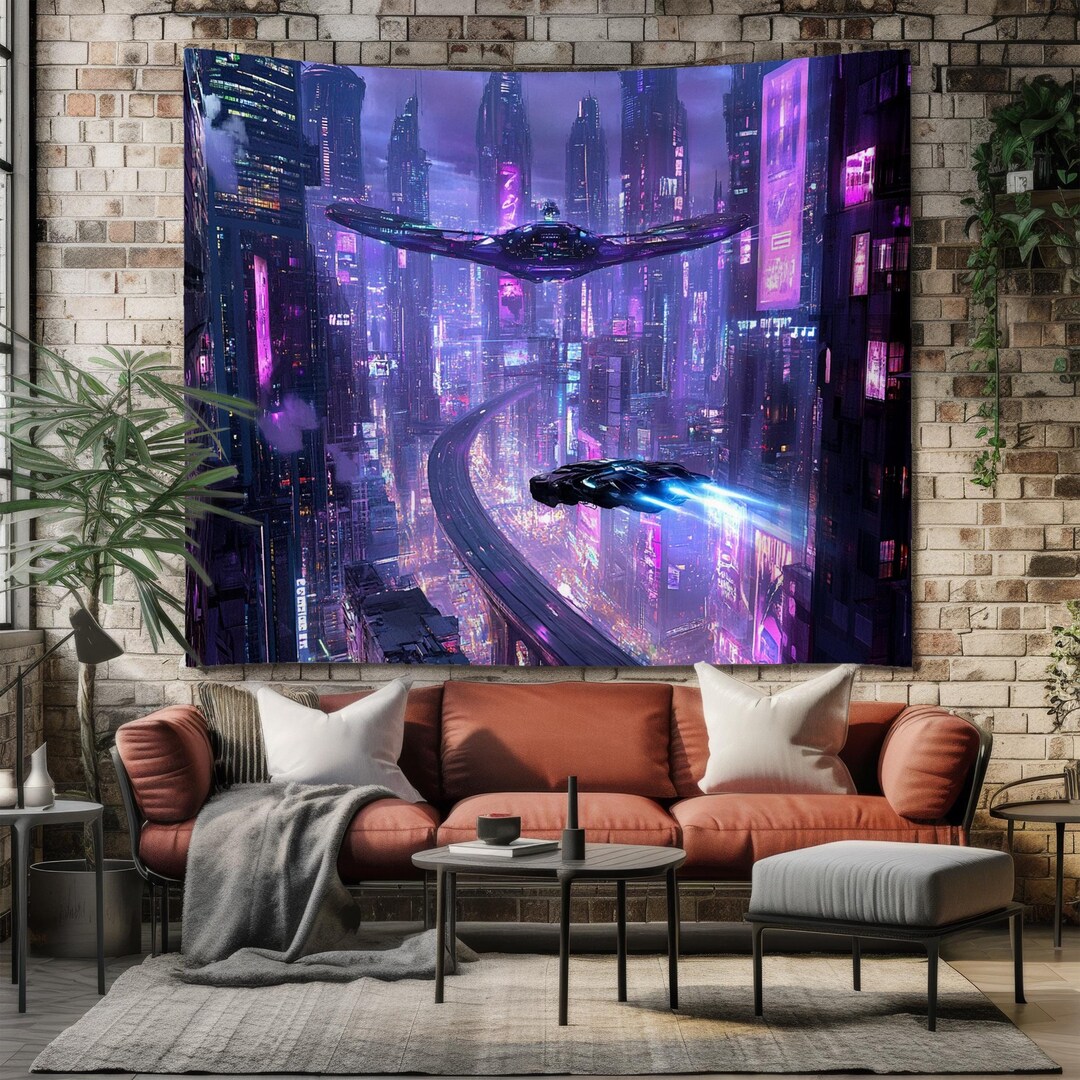 Futuristic Cyberpunk City Wall Hanging Tapestry, Sci-fi Flying Cars ...