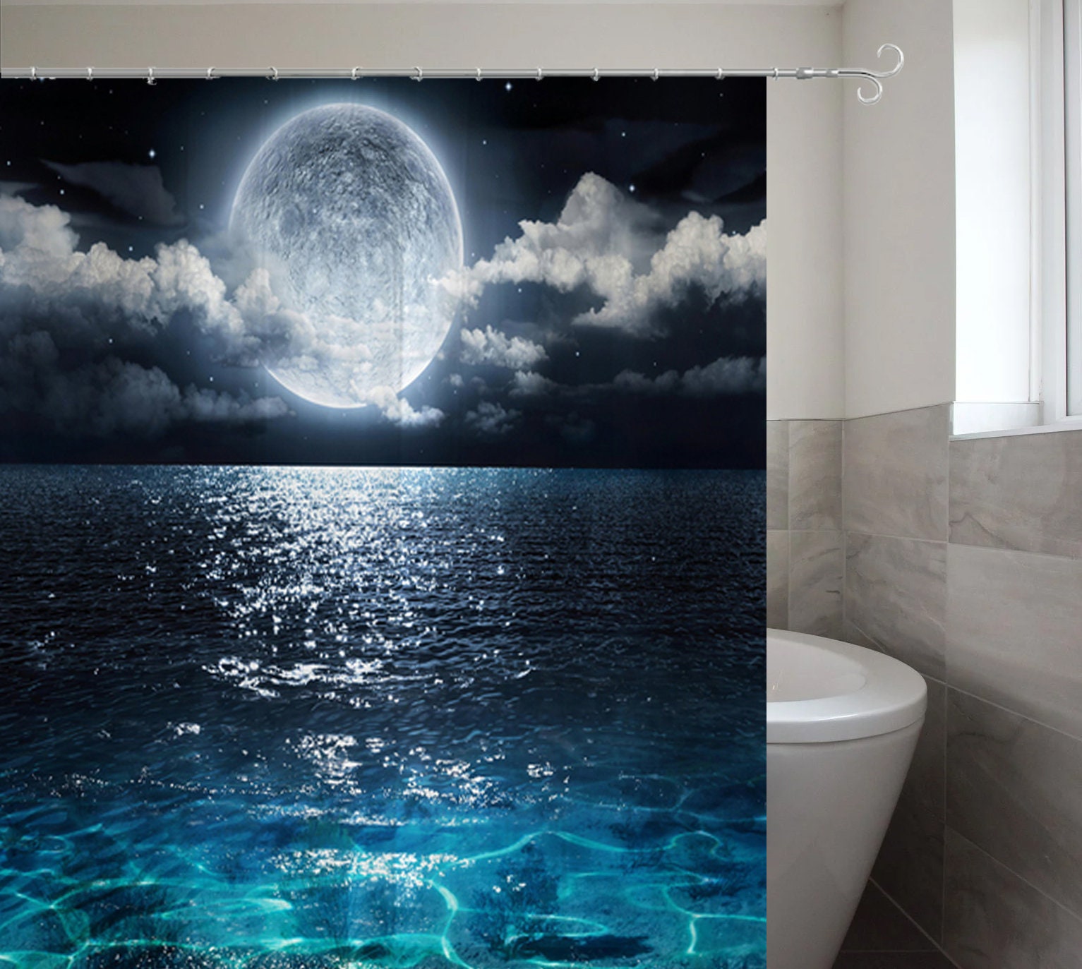 Full Moon Shower Curtain Moon Over Ocean Water Bath Decor Waterproof ...