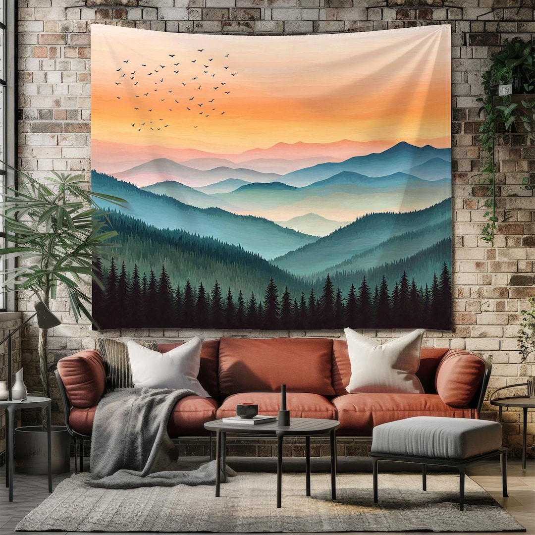 Mountain Sunset Tapestry, Serene Forest Landscape Wall Art, Boho Nature ...