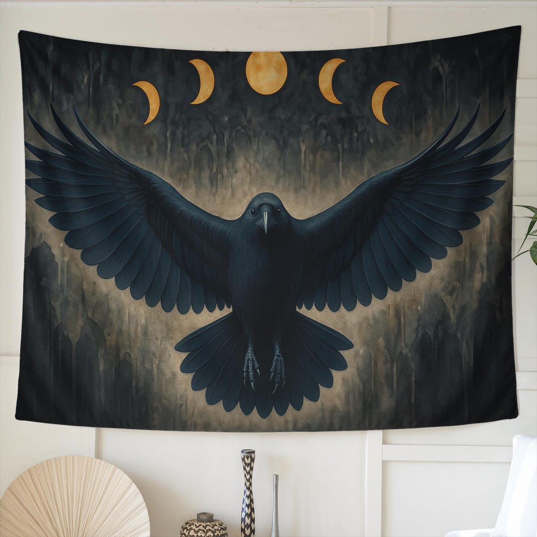 Gothic Raven Tapestry Wall Hanging – Lunar Phases Crow Art for Witches ...