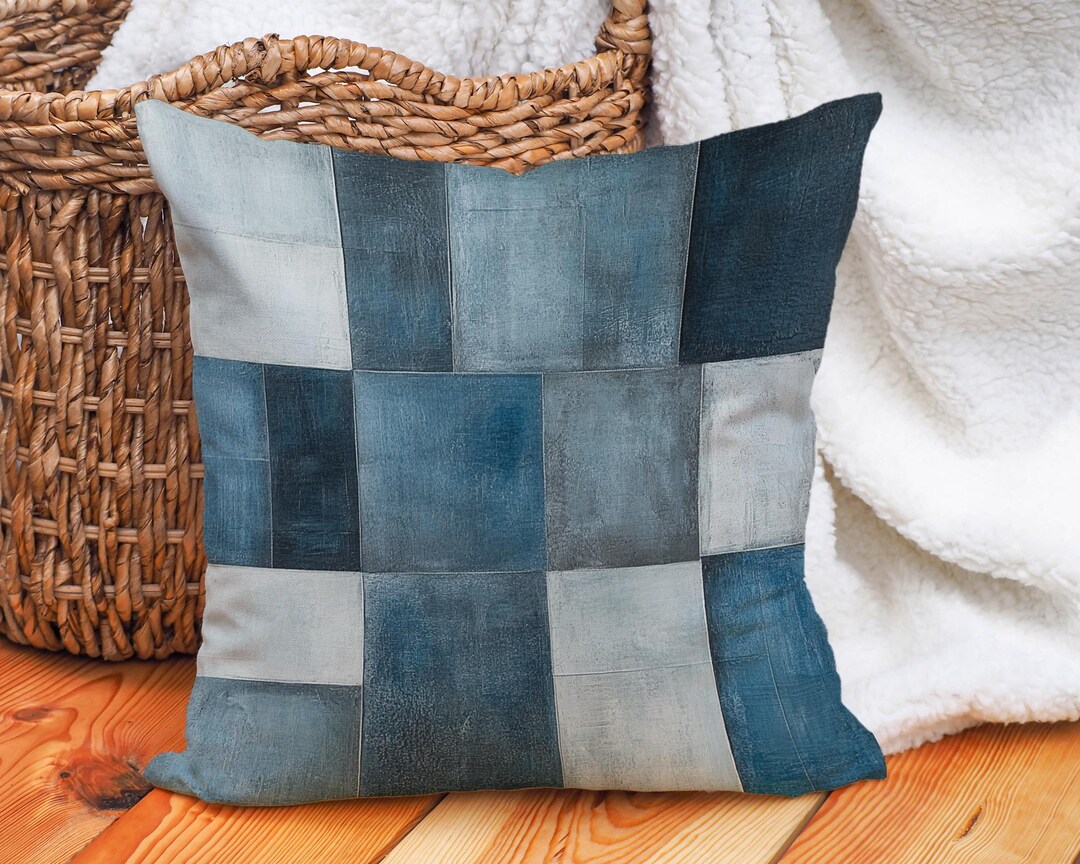Modern Art Patchwork Cotton Linen Throw Pillow Cover, Blue Square ...