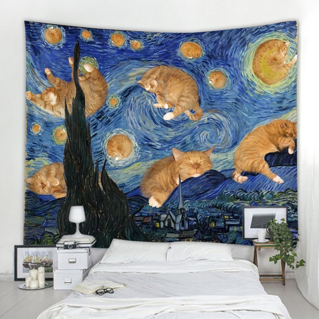 Funny Cat Tapestry Cat Starry Night Van Gogh Hanging Tapestry Wall ...