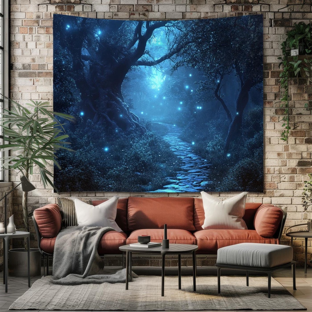 Magical Forest Pathway Tapestry, Enchanted Wall Hanging Art, Blue Night ...