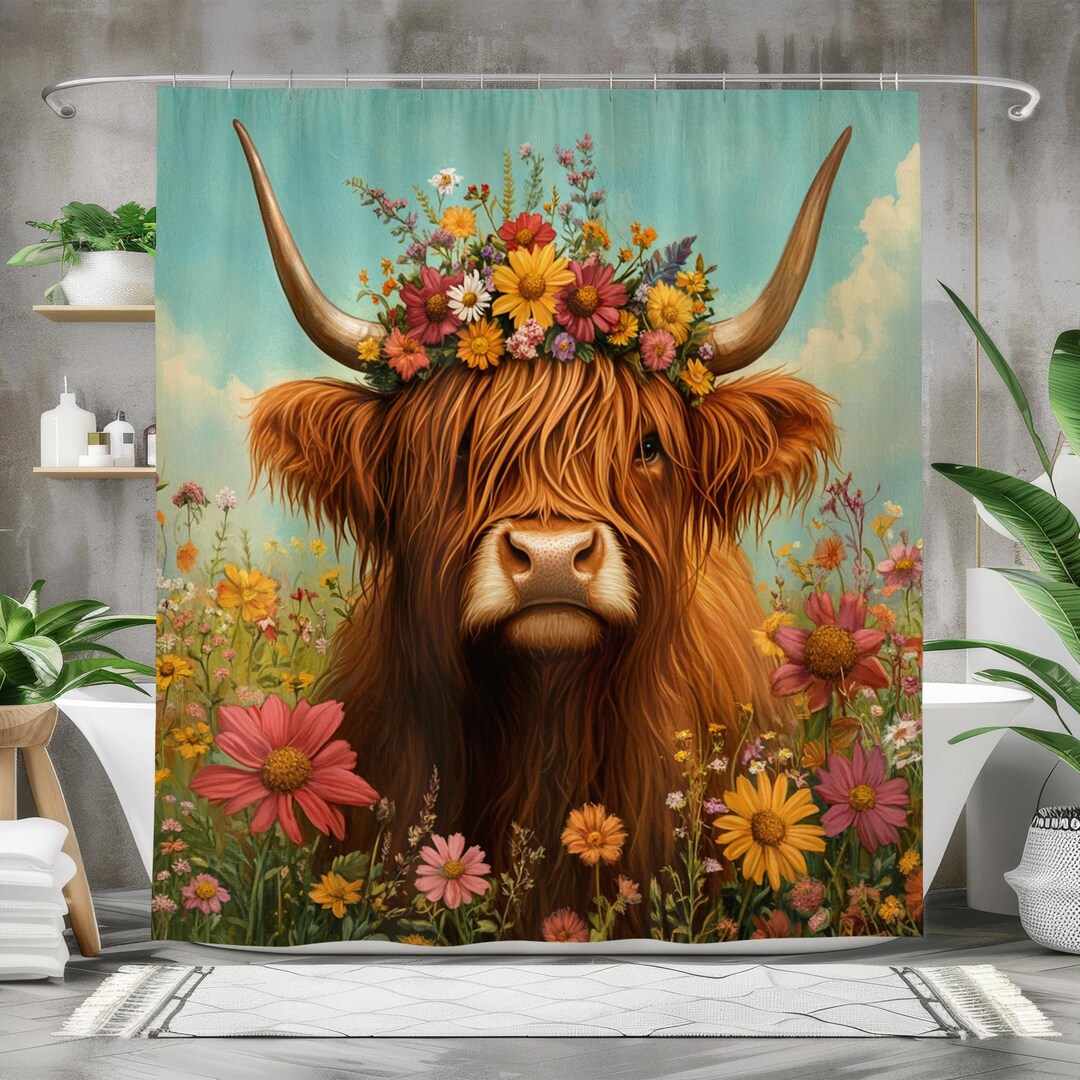 Highland Cow Shower Curtain – Floral Crown, Waterproof Fabric Bath ...