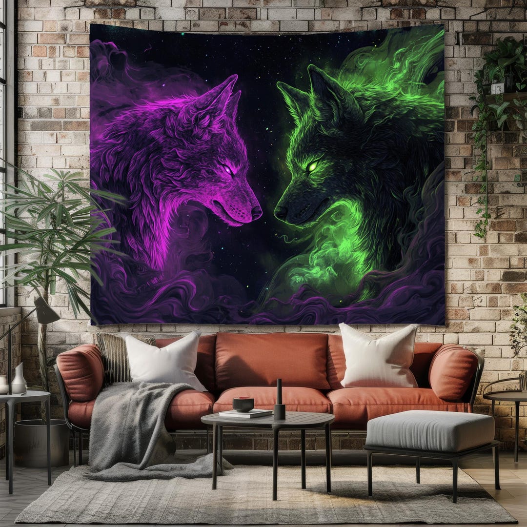 Neon Wolf Wall Tapestry, Cosmic Wolf Art, Dual Spirit Wolves, Trippy ...