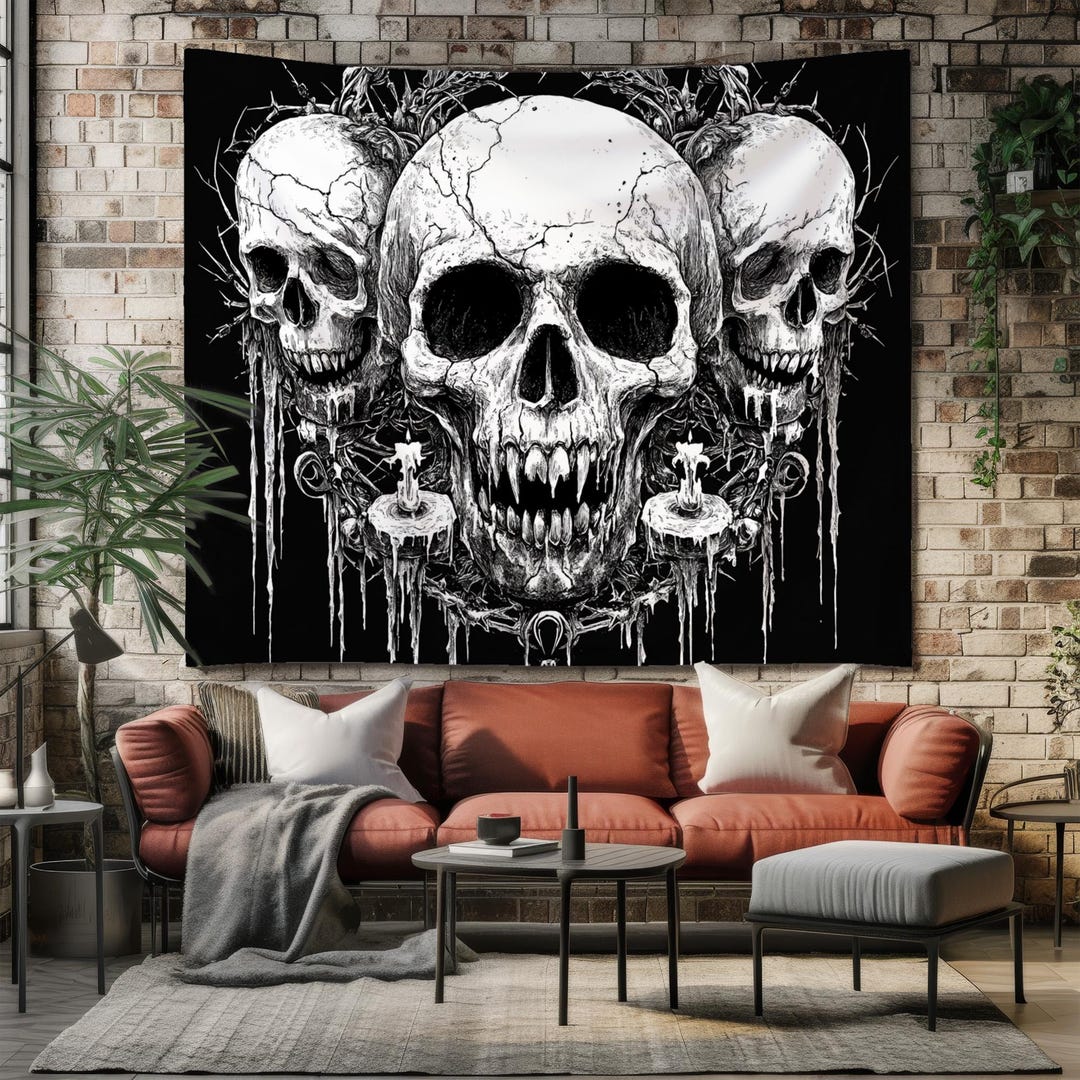 Gothic Skull Tapestry, Black and White Wall Hanging, Dark Aesthetic ...
