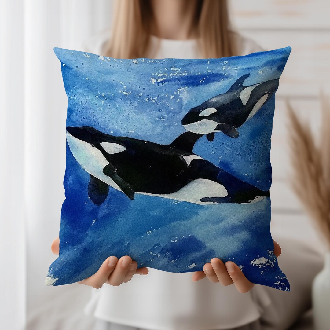 Orca Whale Pillow Cover – Watercolor Ocean Cushion With Swimming Killer ...