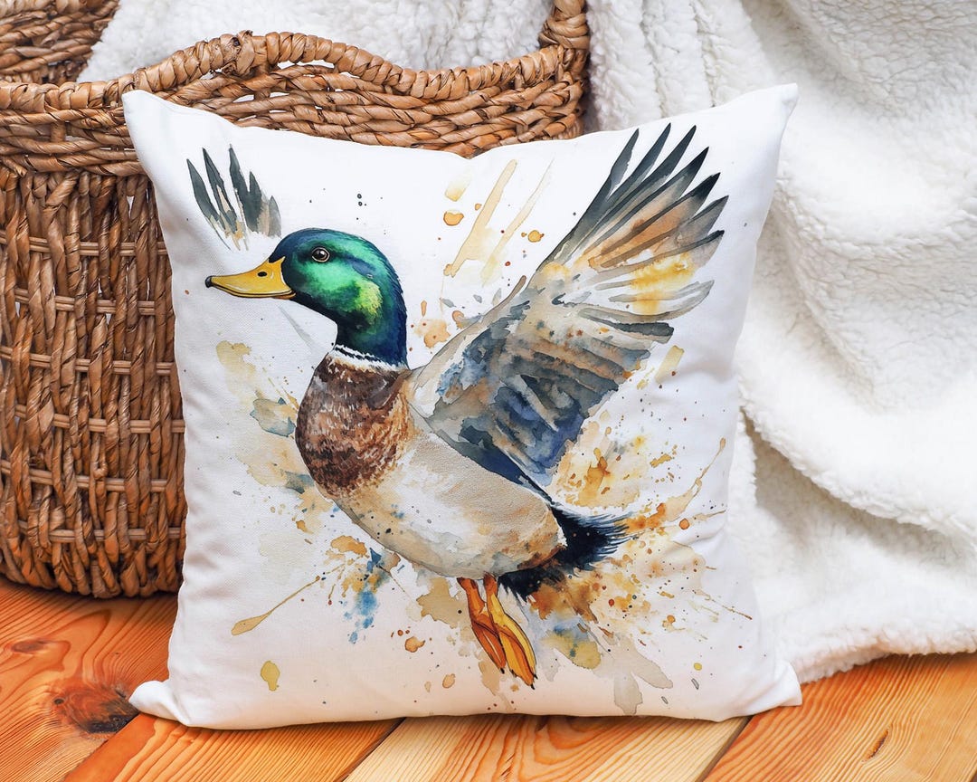 Mallard Duck Throw Pillow Cover - Watercolor Wildlife Design Cotton ...
