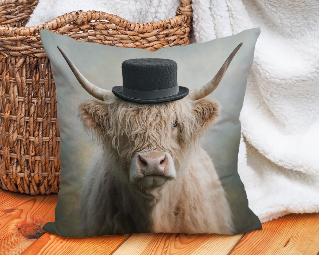 Highland Cow Cushion Cover – Highland Bull With Hat Art Pillow – Quirky ...