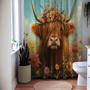 Highland Cow Shower Curtain – Floral Crown, Waterproof Fabric Bath ...