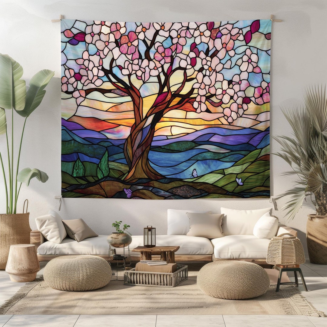 Cherry Blossom Tree Wall Hanging Tapestry, Stained Glass Art Nature ...