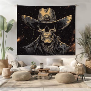 Cowboy Skull Tapestry, Western Skeleton Wall Art, Dark Gothic Cowboy ...