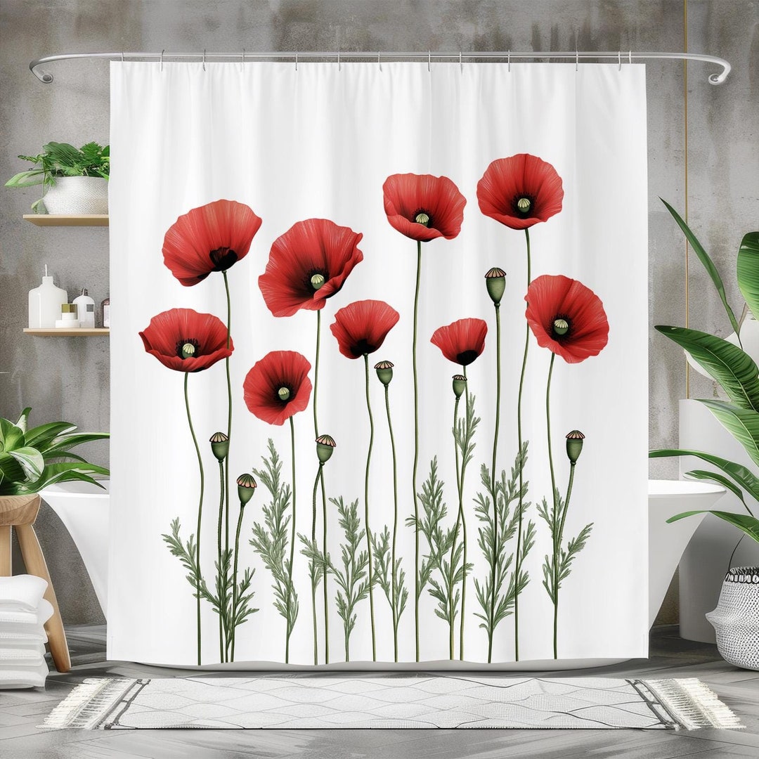 Red Poppy Shower Curtain, Floral Bathroom Decor, Botanical Bath Curtain ...