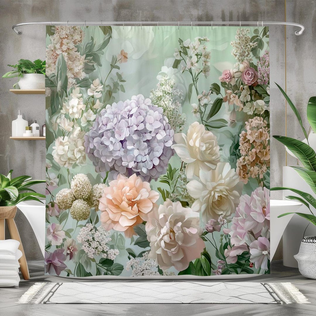 Hydrangea and Rose Shower Curtain Floral, Waterproof Fabric Bathroom ...