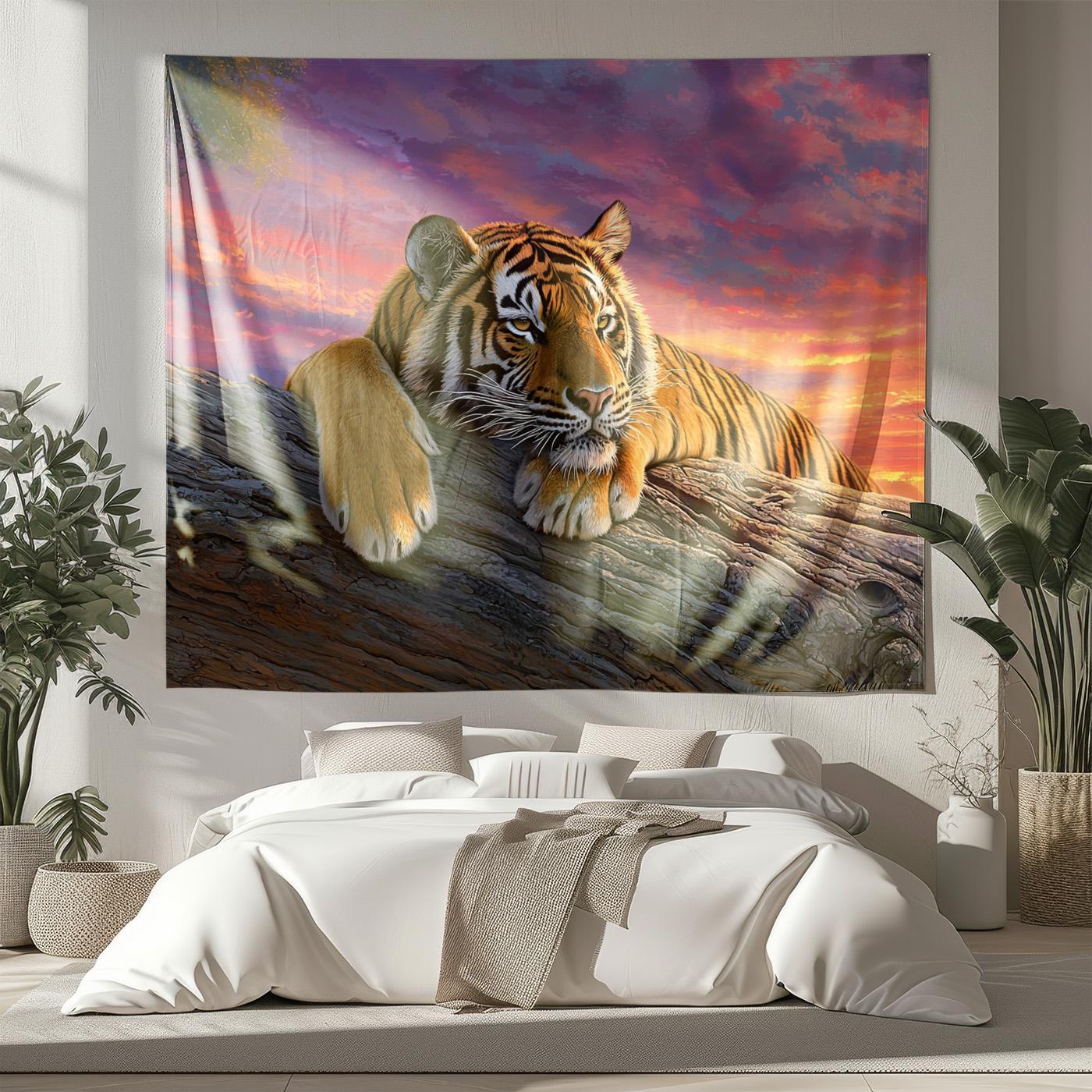 Majestic Tiger Tapestry, Sunset Jungle Wall Hanging Art, Vibrant ...